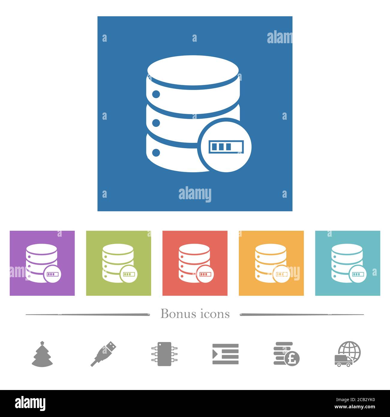 Database Processing Flat White Icons In Square Backgrounds 6 Bonus Icons Included Stock Vector