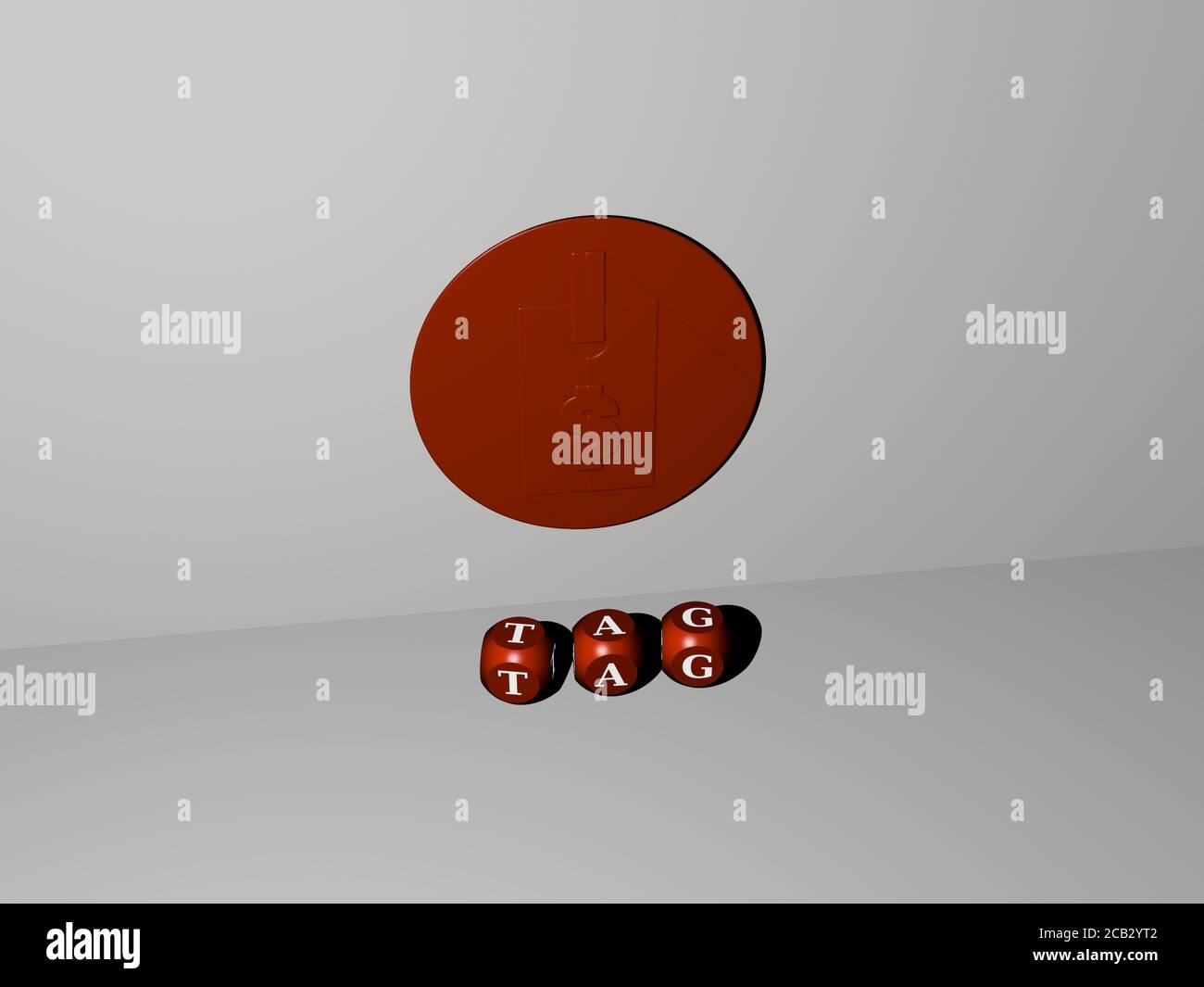 tag 3D icon on the wall and text of cubic alphabets on the floor. 3D ...