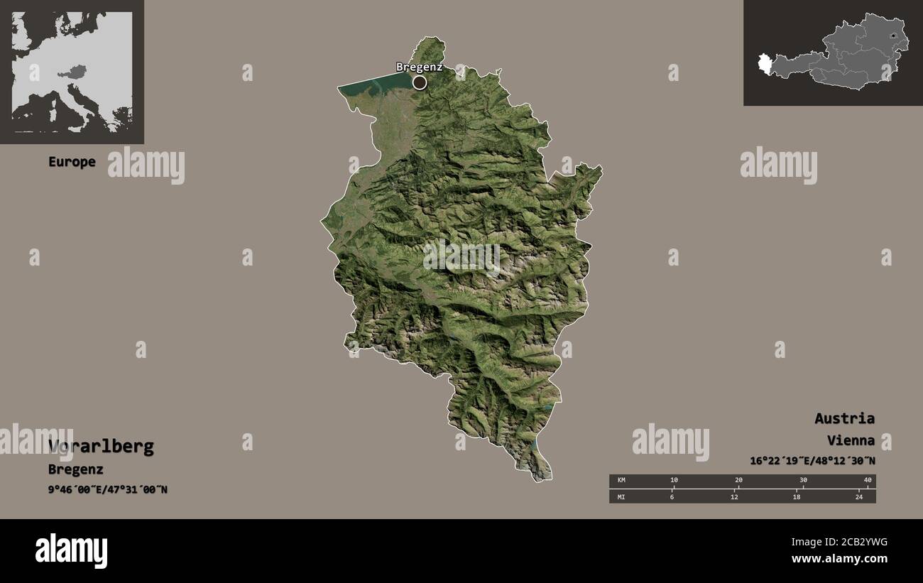 Shape of Vorarlberg, state of Austria, and its capital. Distance scale ...