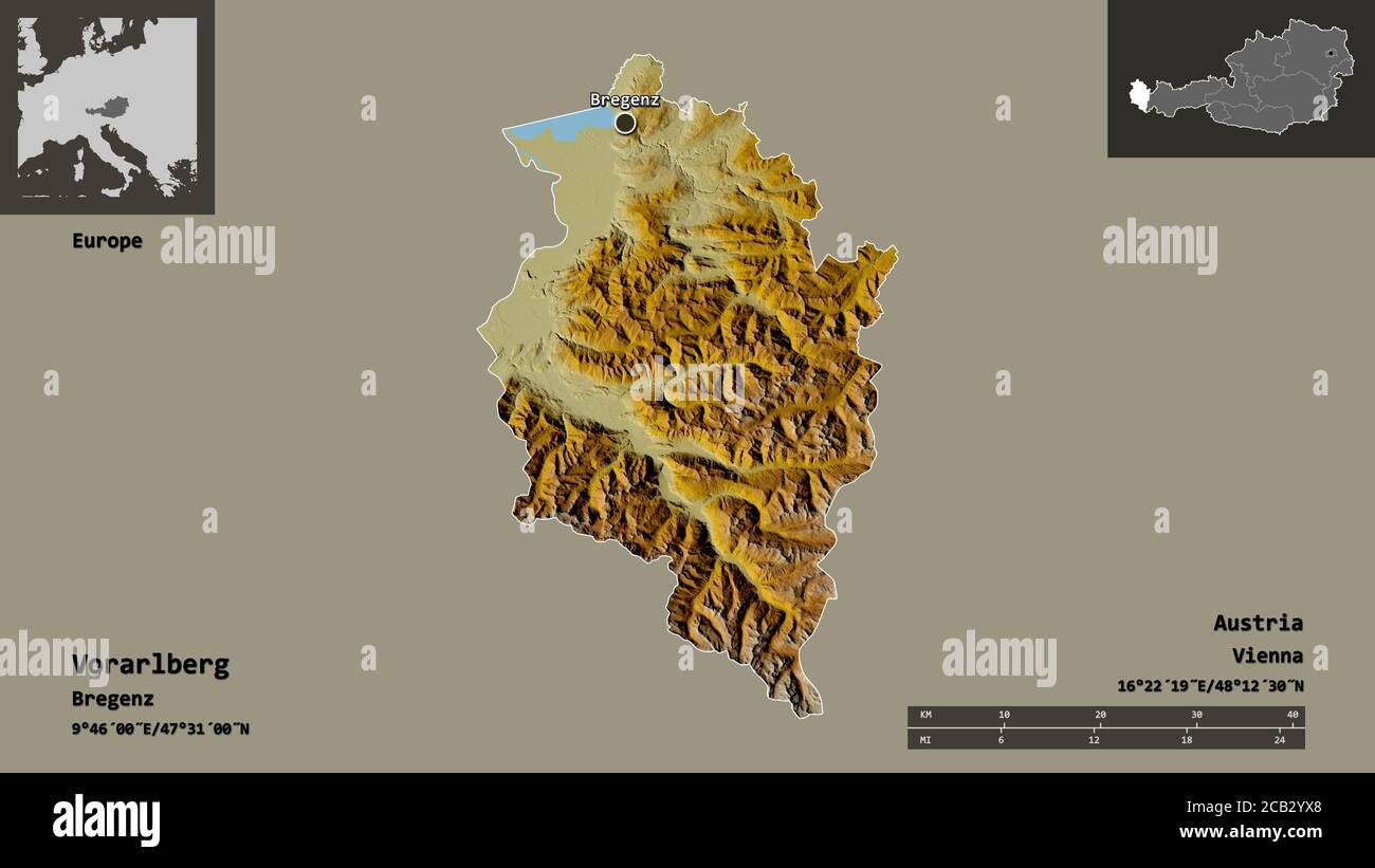 Shape of Vorarlberg, state of Austria, and its capital. Distance scale ...