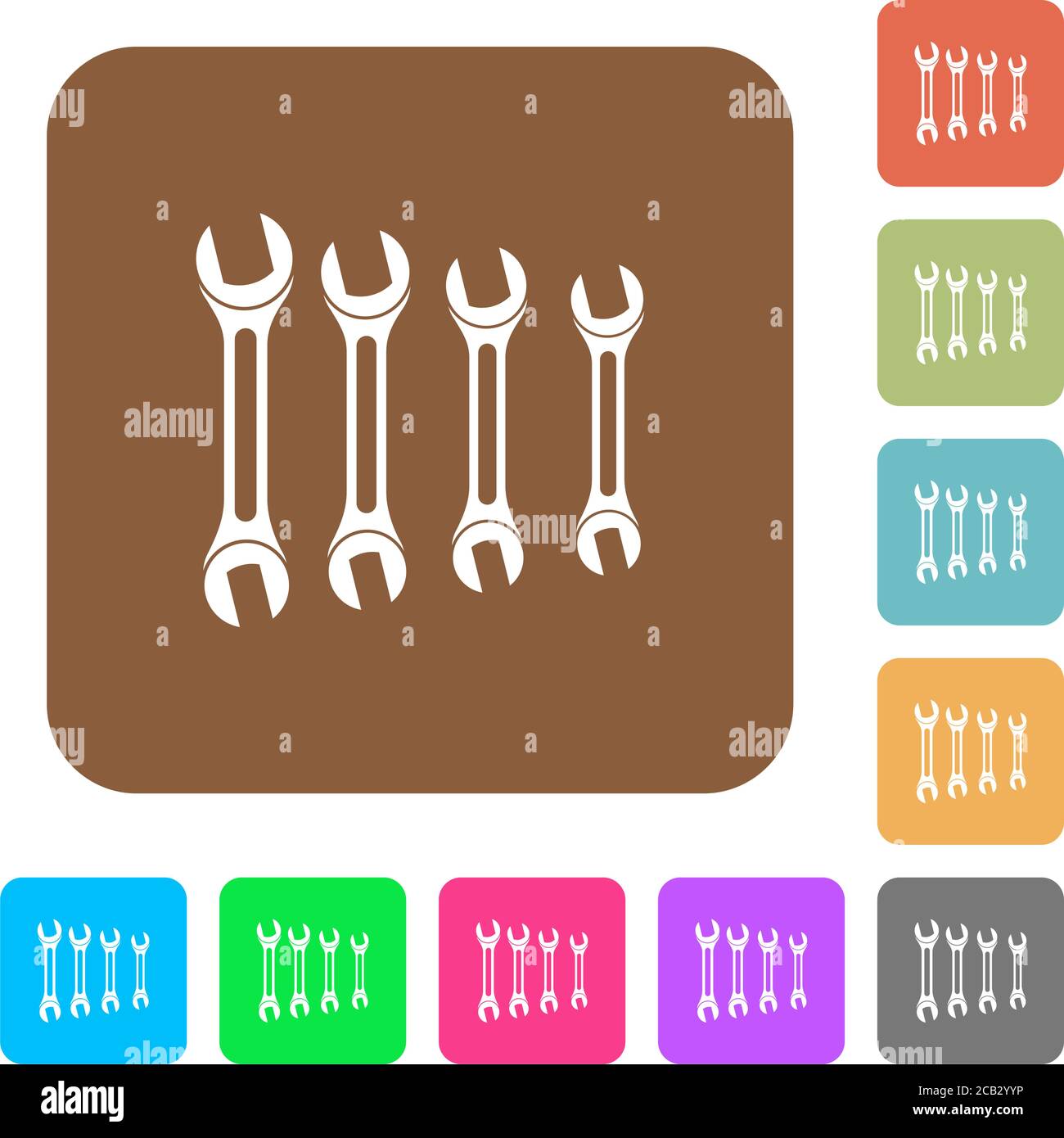 Set of wrenches flat icons on rounded square vivid color backgrounds ...
