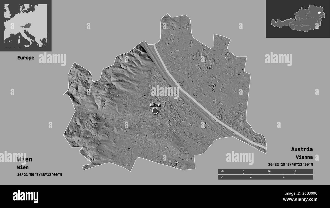 Shape of Wien, state of Austria, and its capital. Distance scale ...