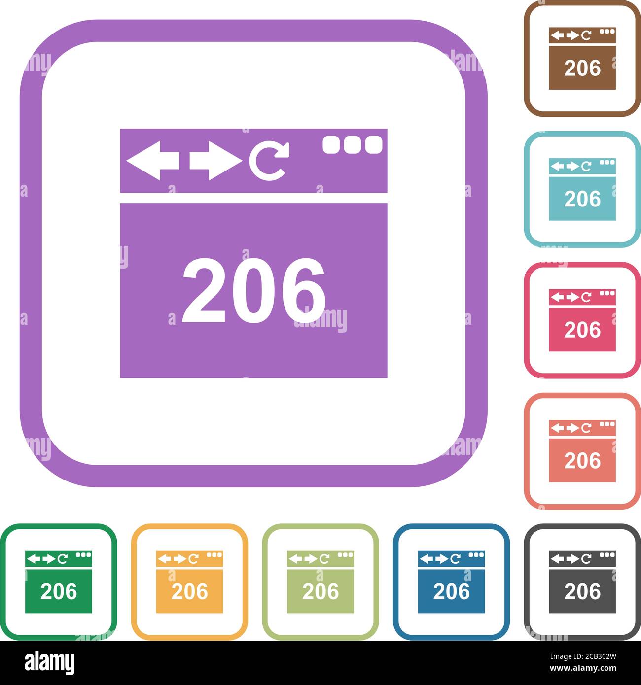 Browser 206 Partial Content simple icons in color rounded square frames on white background ...