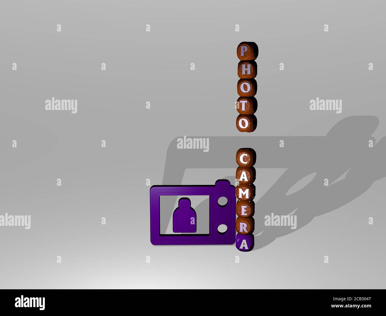 PHOTO CAMERA text beside the 3D icon. 3D illustration. background and ...