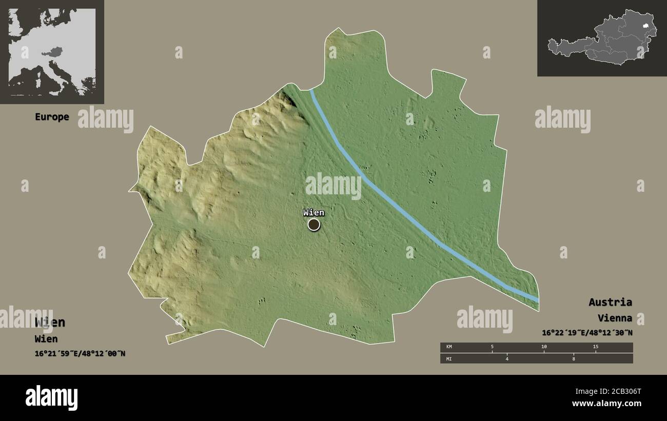 Shape of Wien, state of Austria, and its capital. Distance scale ...