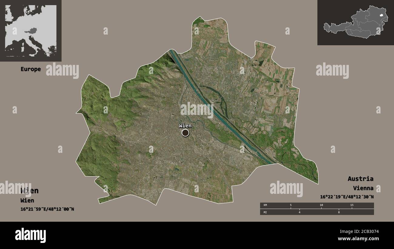 Shape of Wien, state of Austria, and its capital. Distance scale ...