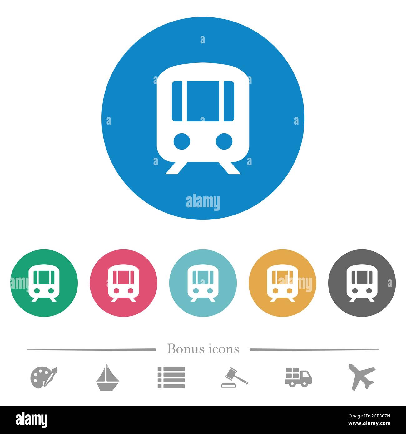 Train flat white icons on round color backgrounds. 6 bonus icons ...