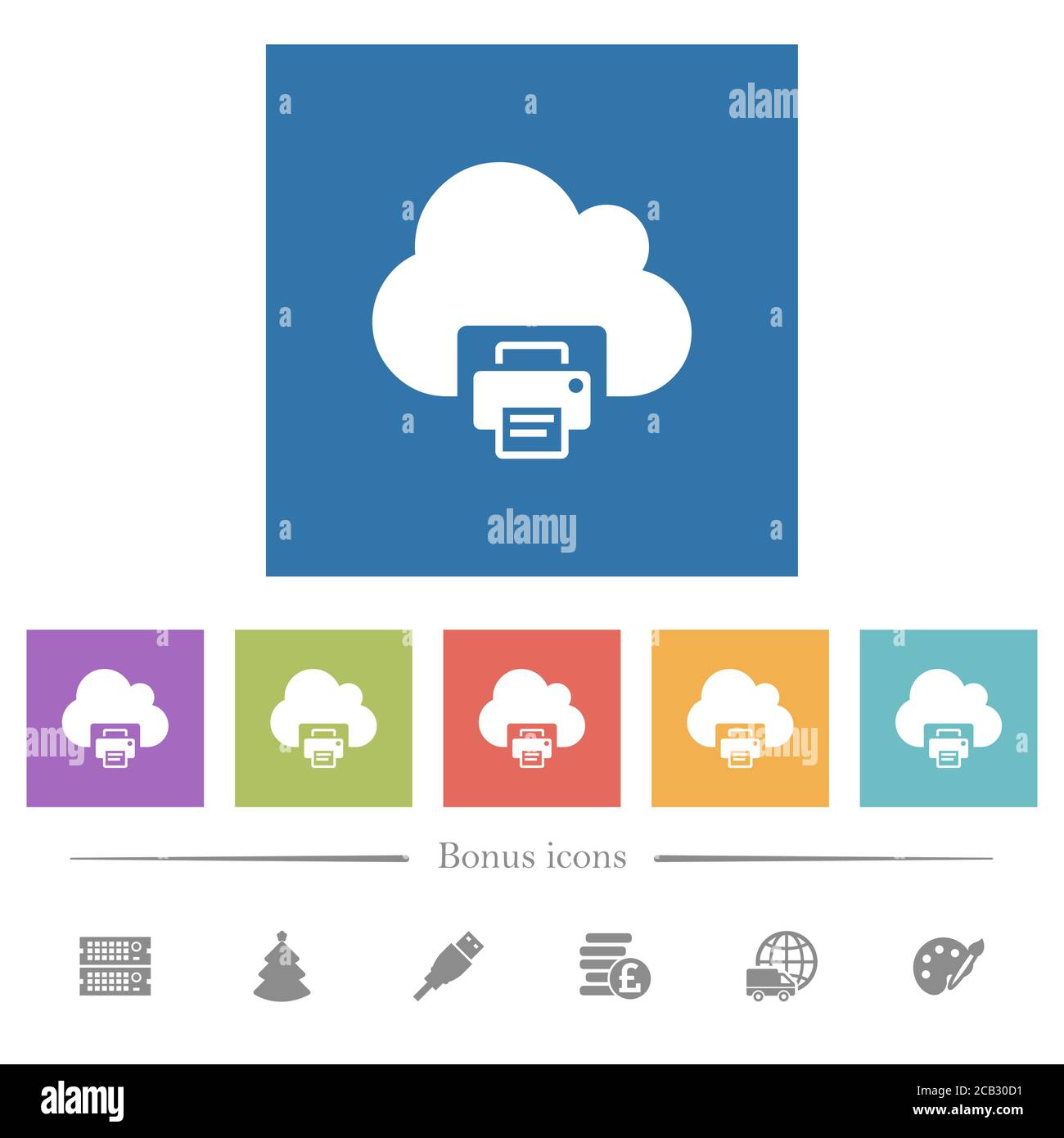 Cloud printing flat white icons in square backgrounds. 6 bonus icons ...