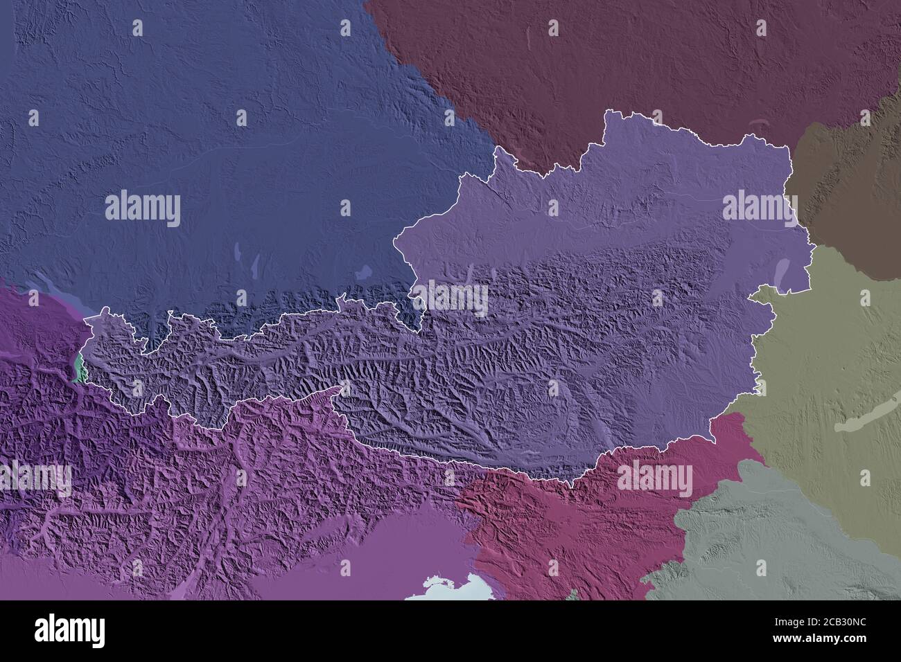 Extended area of outlined Austria. Colored elevation map. 3D rendering Stock Photo - Alamy