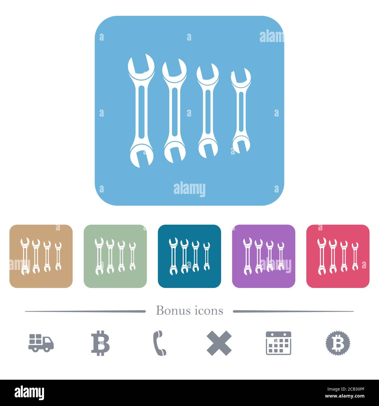 Set of wrenches white flat icons on color rounded square backgrounds. 6 ...