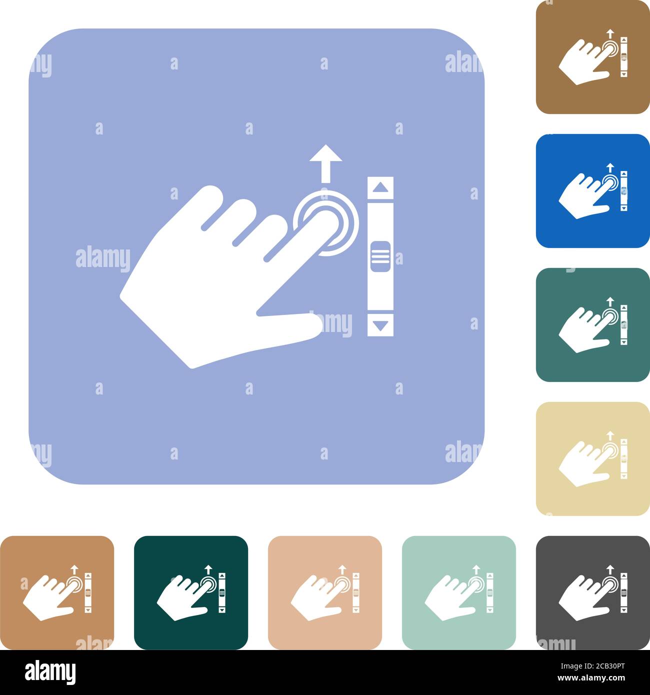 Left handed scroll up gesture white flat icons on color rounded square ...