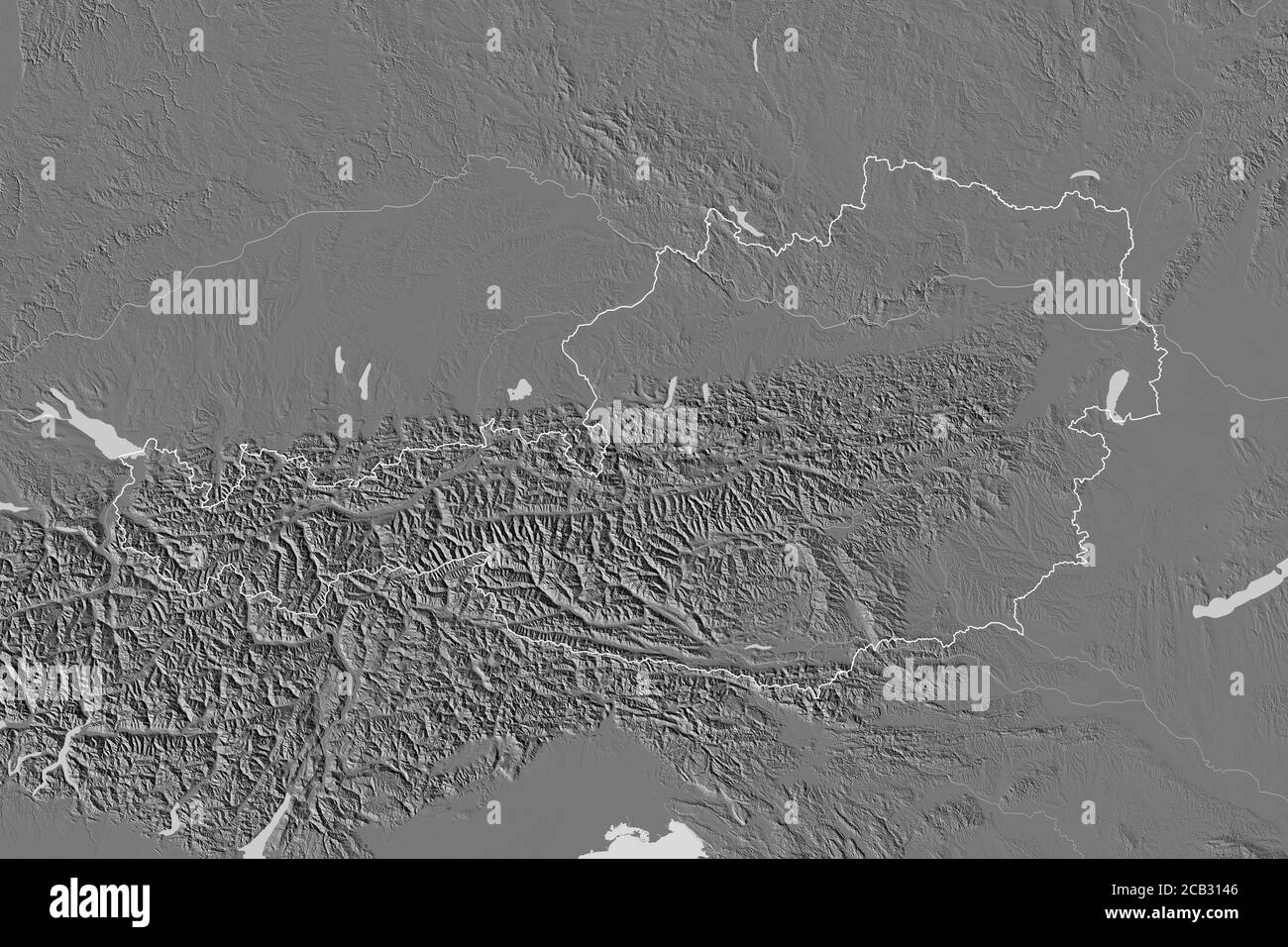 Extended area of outlined Austria. Bilevel elevation map. 3D rendering Stock Photo - Alamy