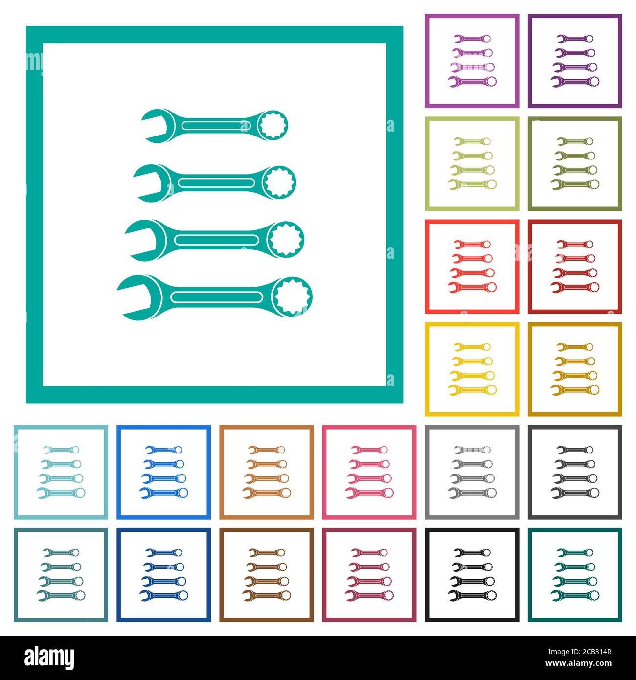 Set of wrenches flat color icons with quadrant frames on white ...