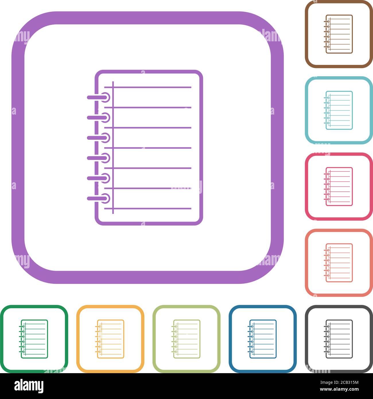 Notepad simple icons in color rounded square frames on white background ...