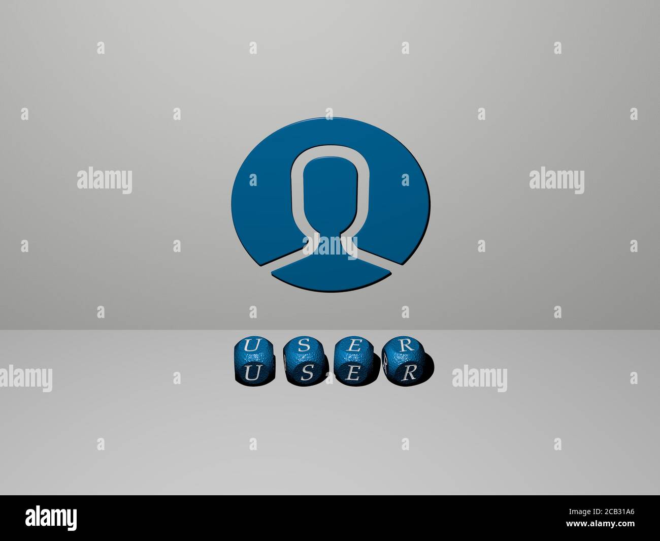 user 3D icon on the wall and text of cubic alphabets on the floor. 3D ...