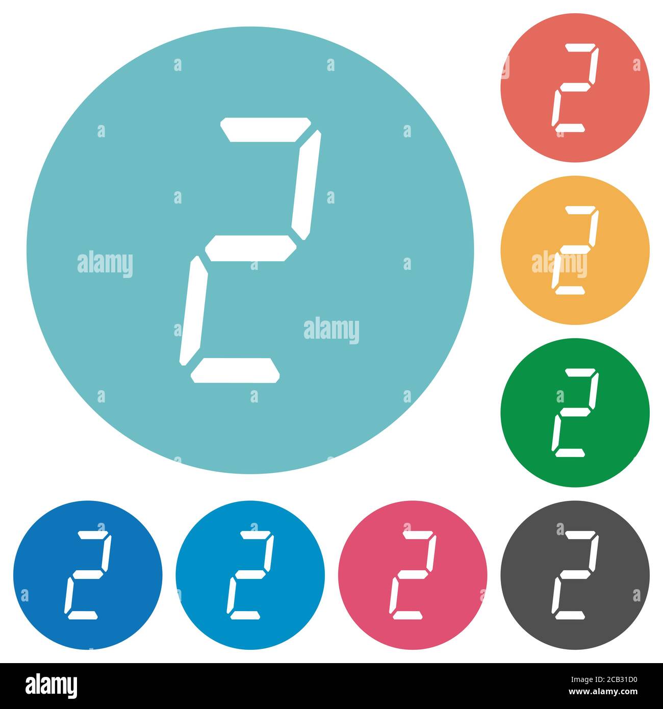 digital number two of seven segment type flat white icons on round ...