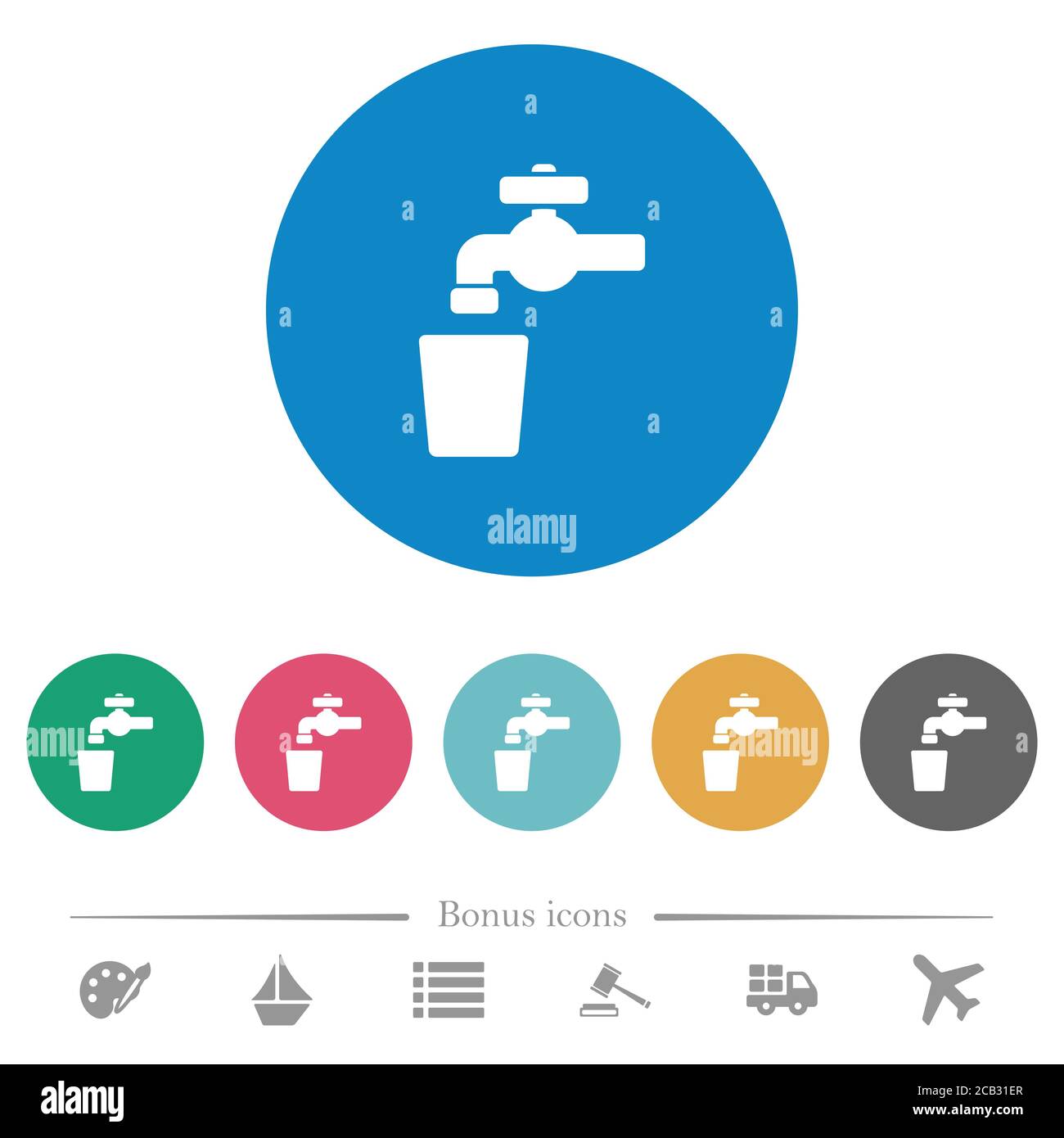 Drinking water flat white icons on round color backgrounds. 6 bonus ...