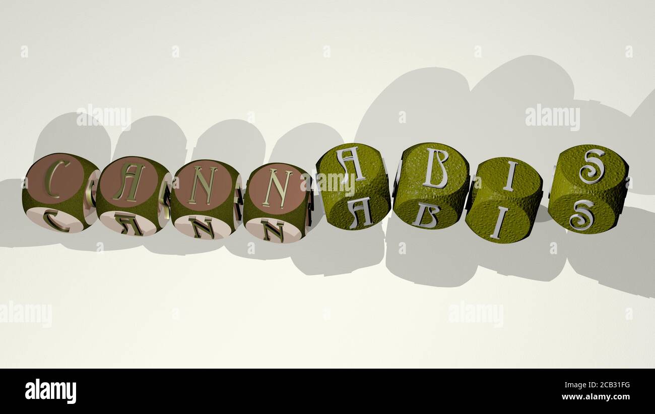 cannabis text by dancing dice letters. 3D illustration. marijuana and ...