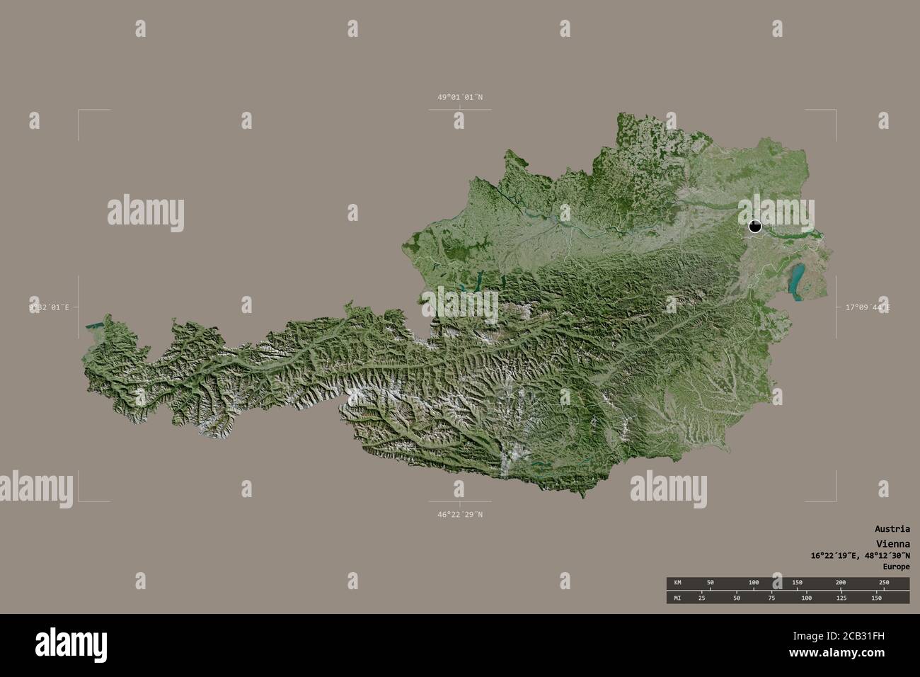 Area of Austria isolated on a solid background in a georeferenced ...