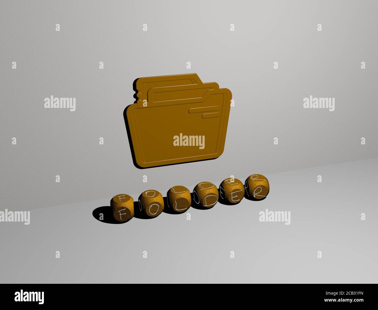 folder 3D icon on the wall and text of cubic alphabets on the floor. 3D ...
