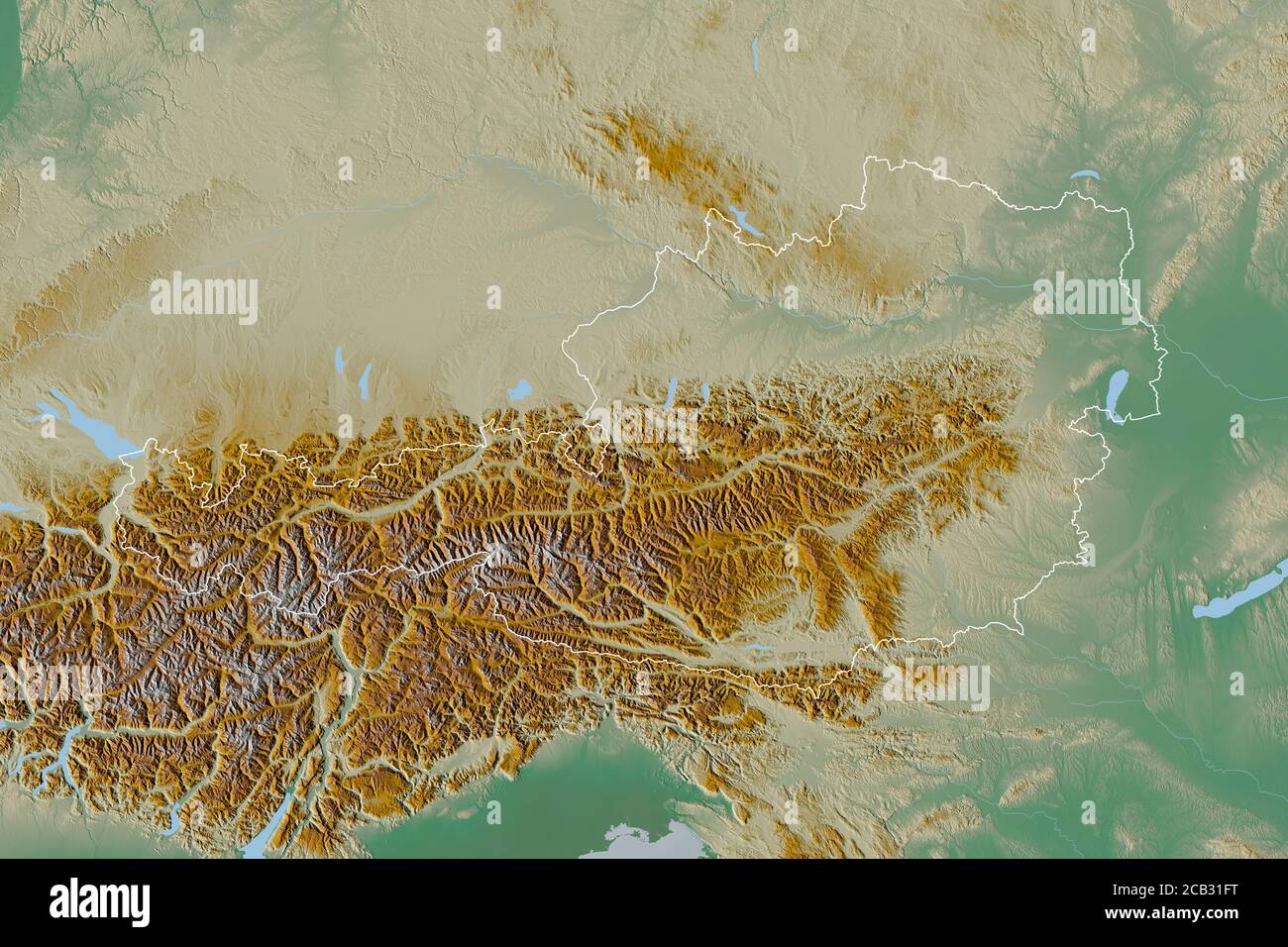 Extended area of outlined Austria. Topographic relief map. 3D rendering ...