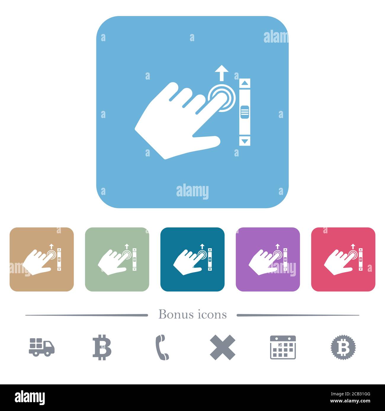 Left handed scroll up gesture white flat icons on color rounded square ...