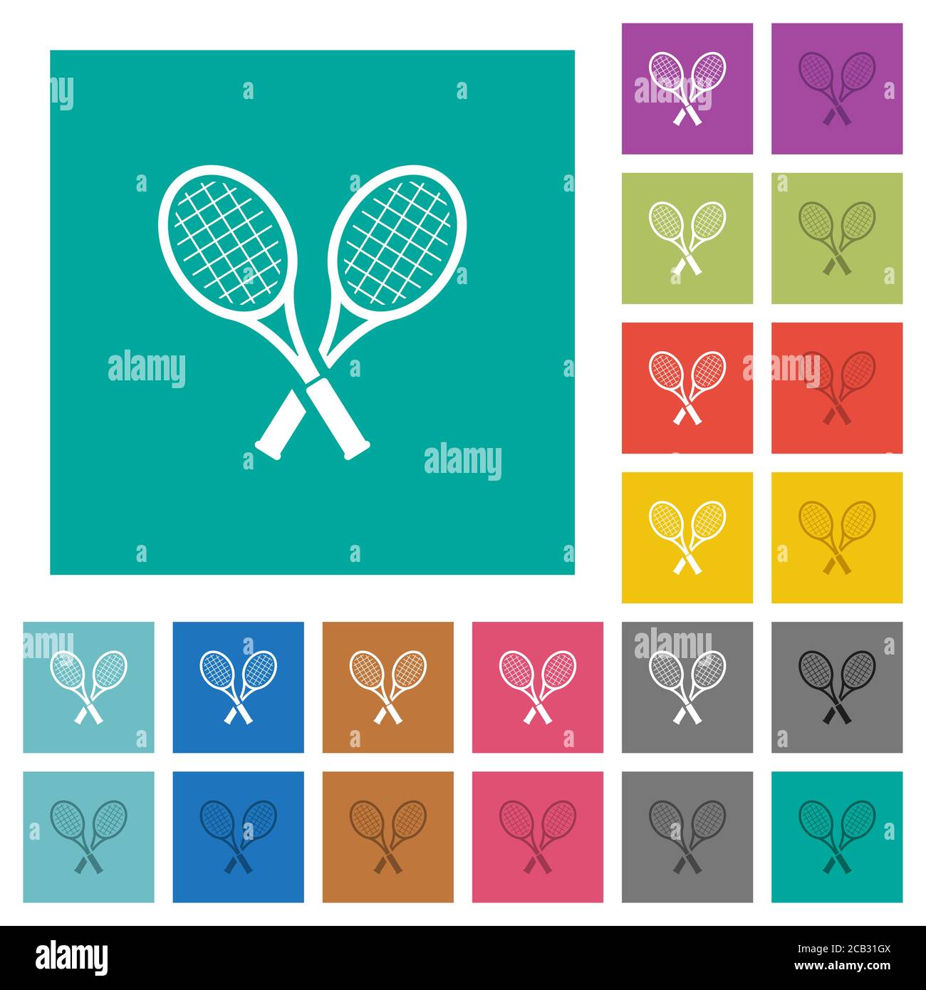 Two tennis rackets multi colored flat icons on plain square backgrounds ...