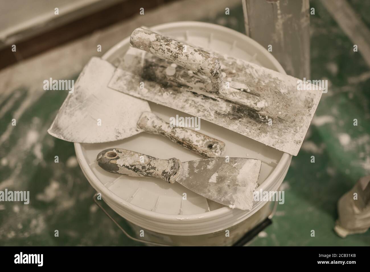 Set of assorted plaster trowel tools and spatula. Construction tools ...