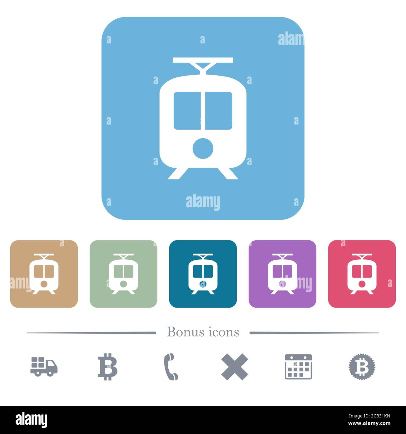 Tram white flat icons on color rounded square backgrounds. 6 bonus ...