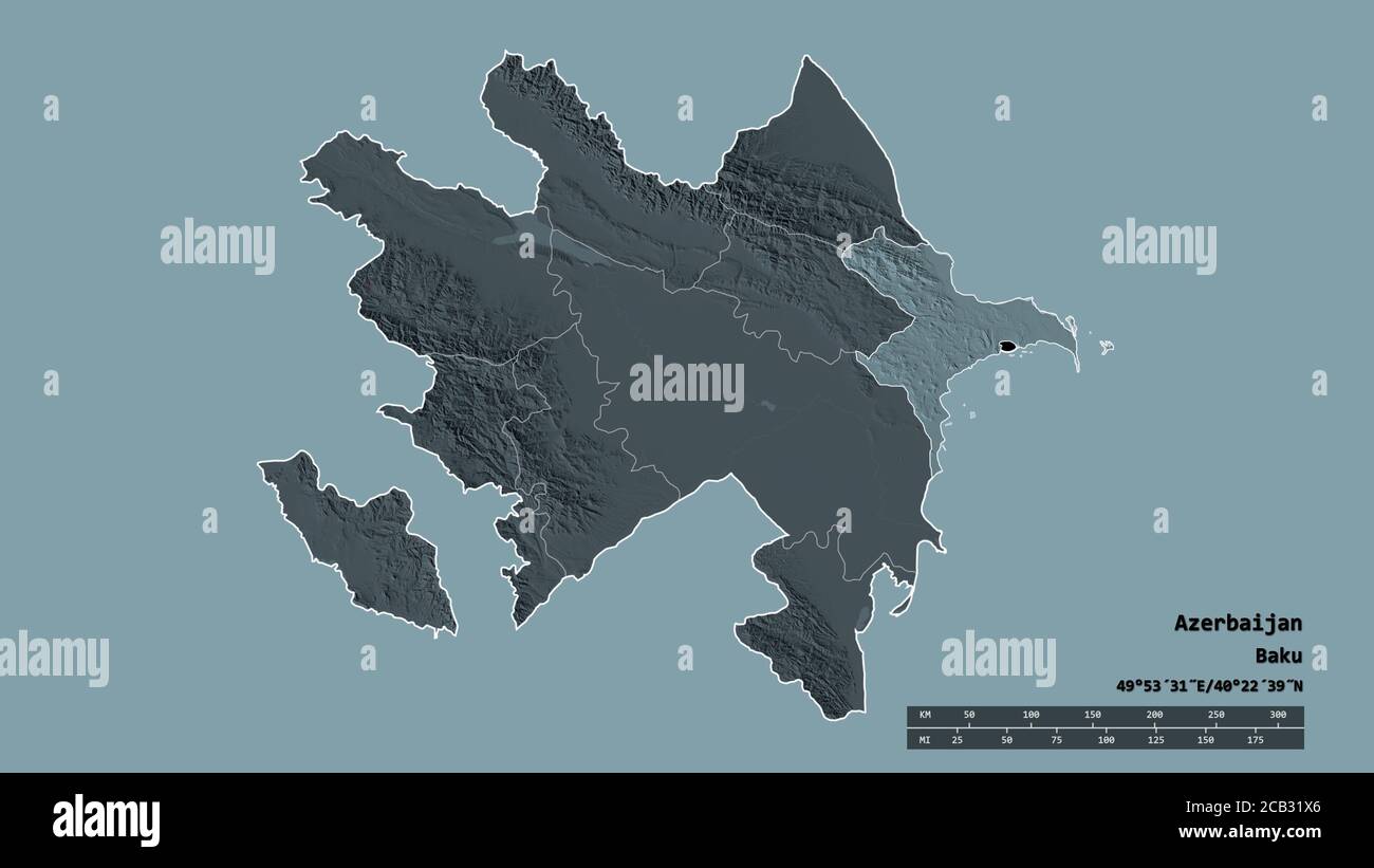 Desaturated shape of Azerbaijan with its capital, main regional ...