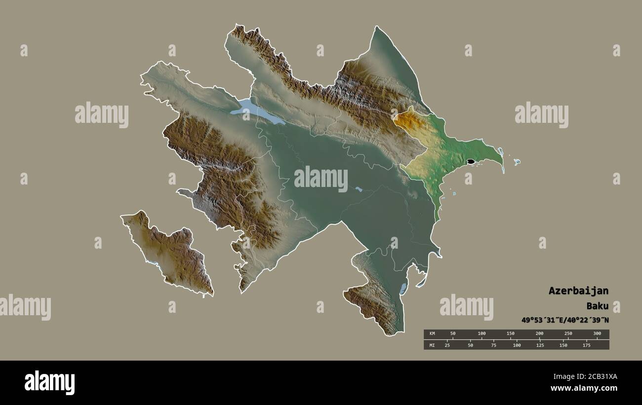 Desaturated shape of Azerbaijan with its capital, main regional ...