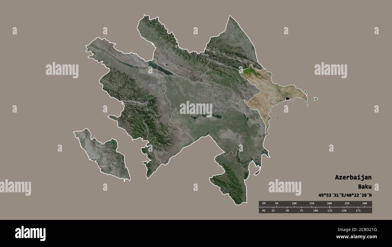 Desaturated shape of Azerbaijan with its capital, main regional ...