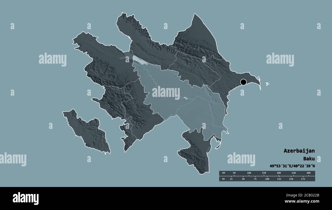 Desaturated shape of Azerbaijan with its capital, main regional division and the separated Aran ...