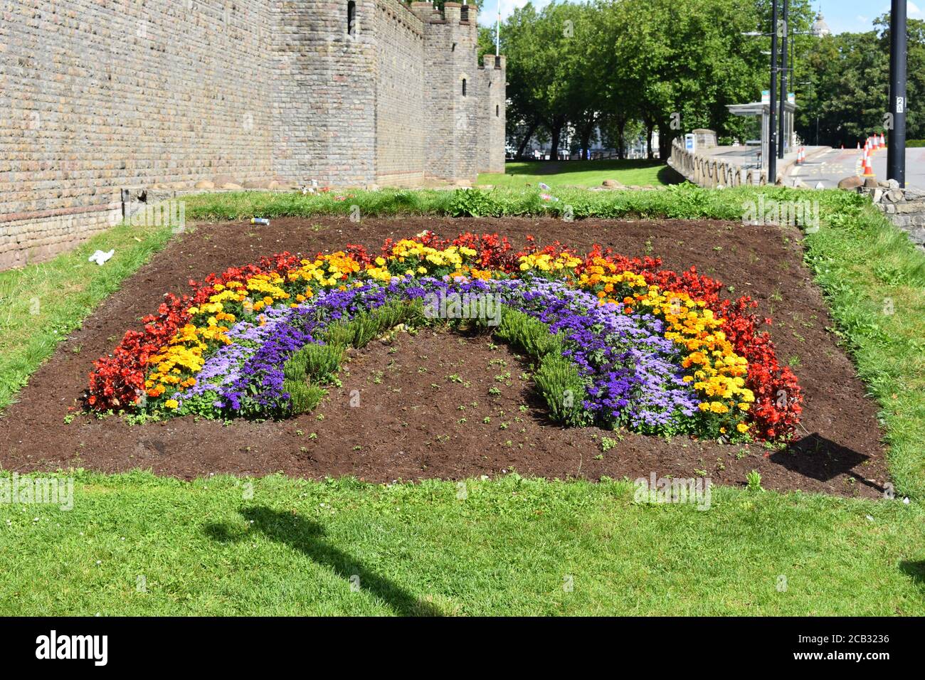 Rainbow flower display outside Cardiff Castle, Cardiff, Wales Stock ...