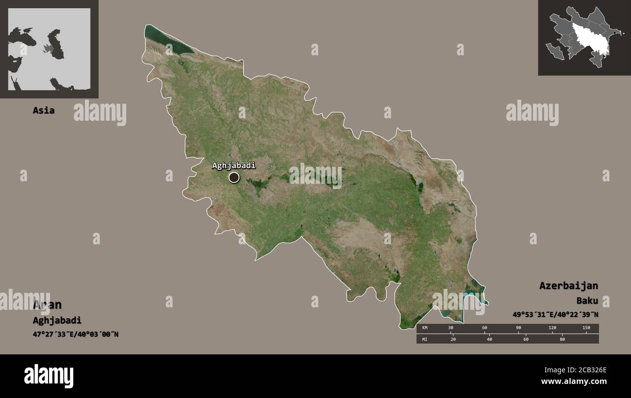 Shape of Aran, region of Azerbaijan, and its capital. Distance scale, previews and labels ...