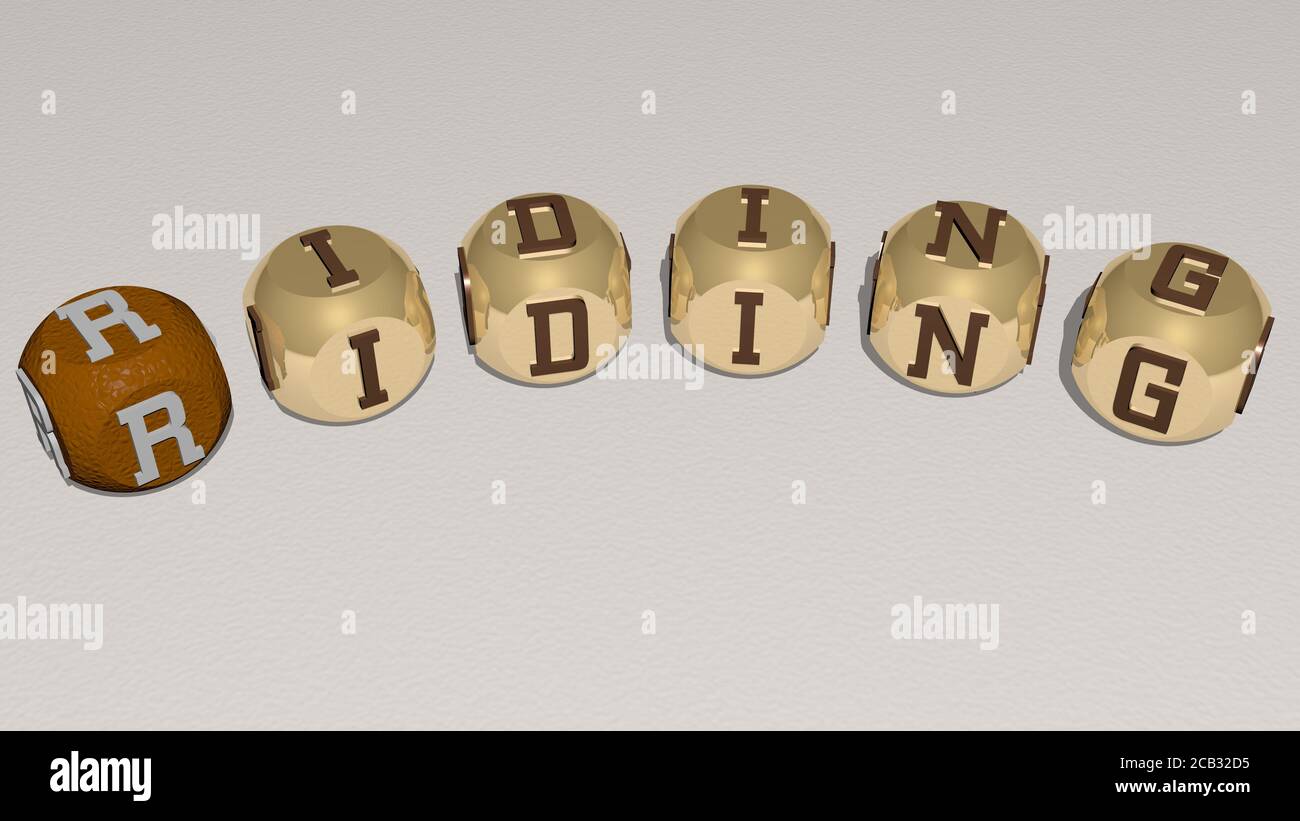 RIDING curved text of cubic dice letters. 3D illustration. bike and ...
