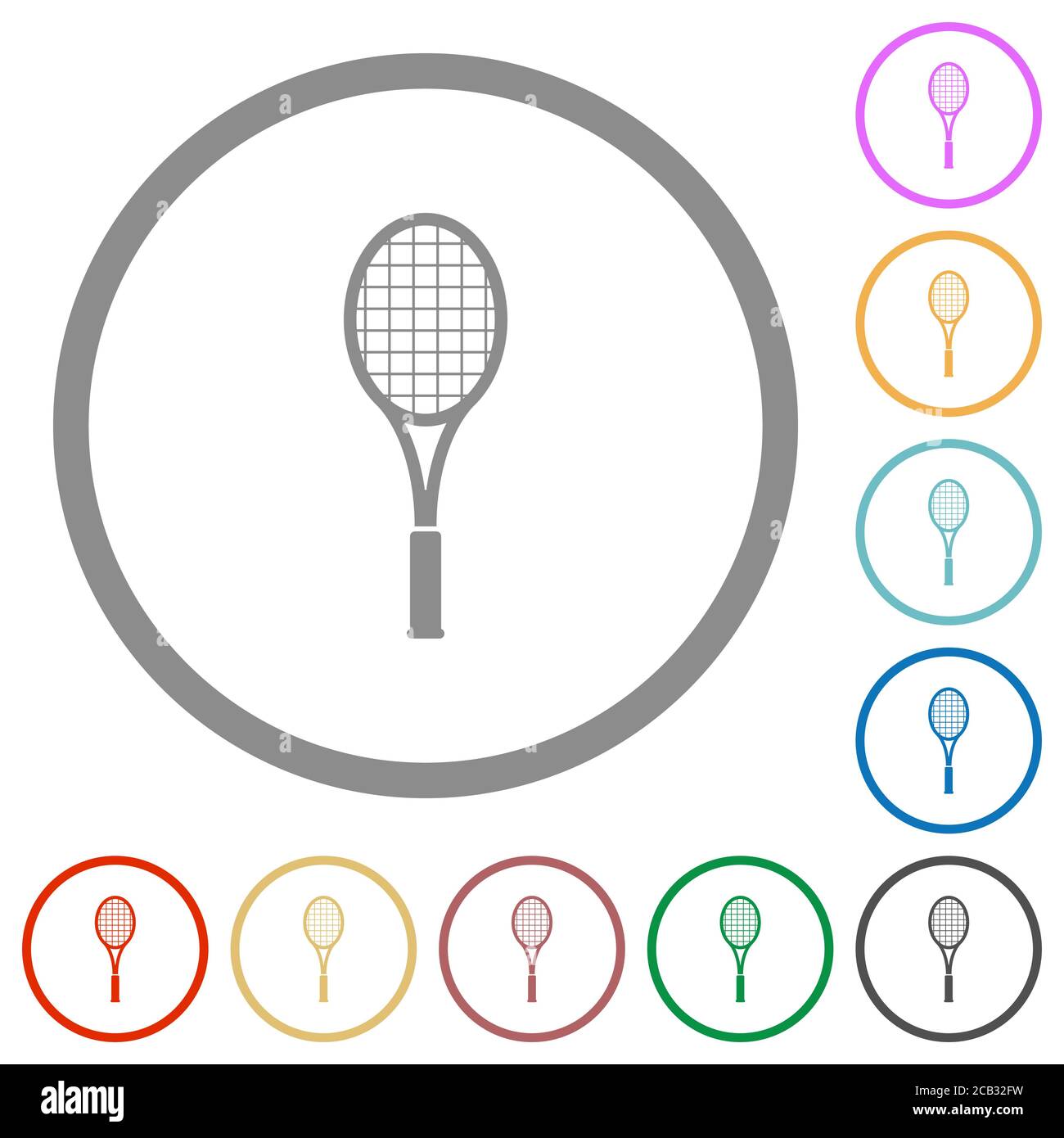 Single tennis racket flat color icons in round outlines on white ...