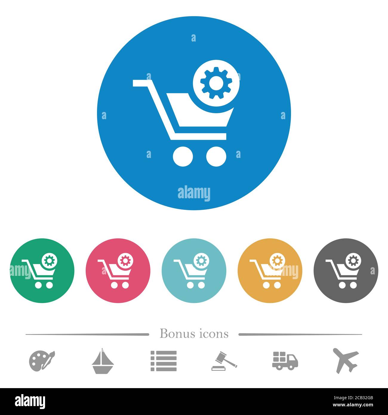 Cart settings flat white icons on round color backgrounds. 6 bonus ...