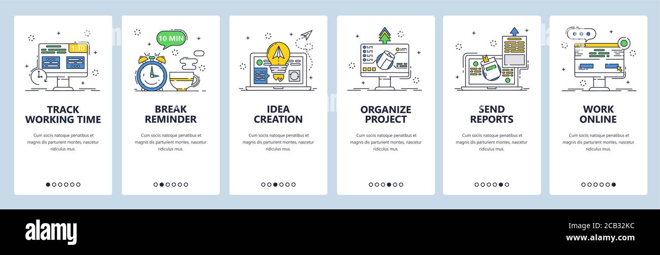Working time tracking mobile app onboarding screens, vector website ...