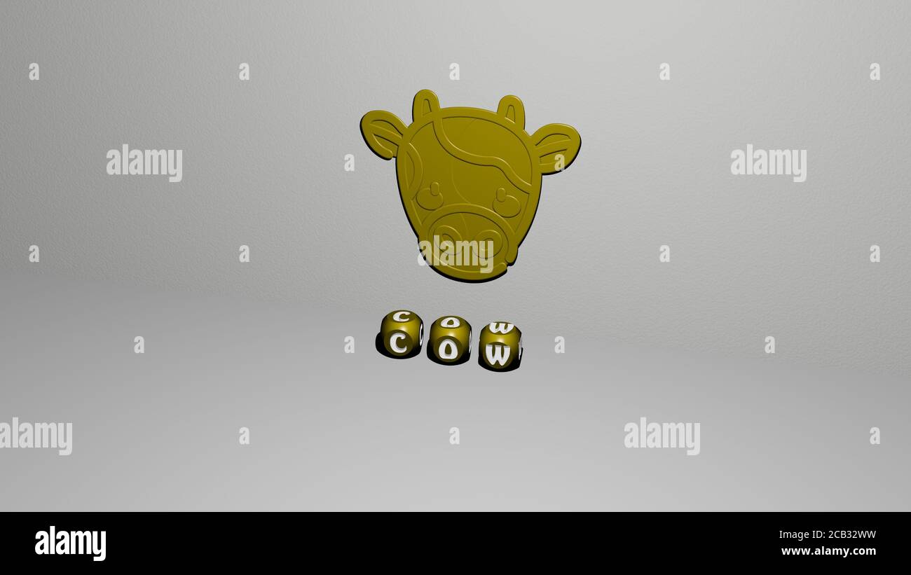 cow 3D icon on the wall and text of cubic alphabets on the floor. 3D ...