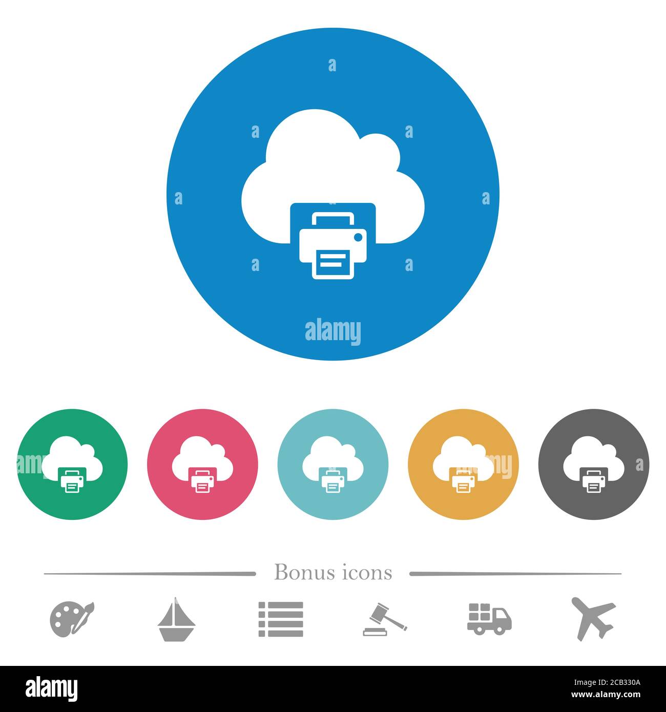 Cloud printing flat white icons on round color backgrounds. 6 bonus ...