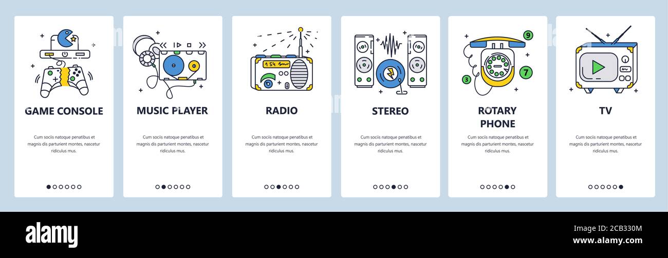 Retro electronic devices, audio equipment. Mobile app onboarding ...