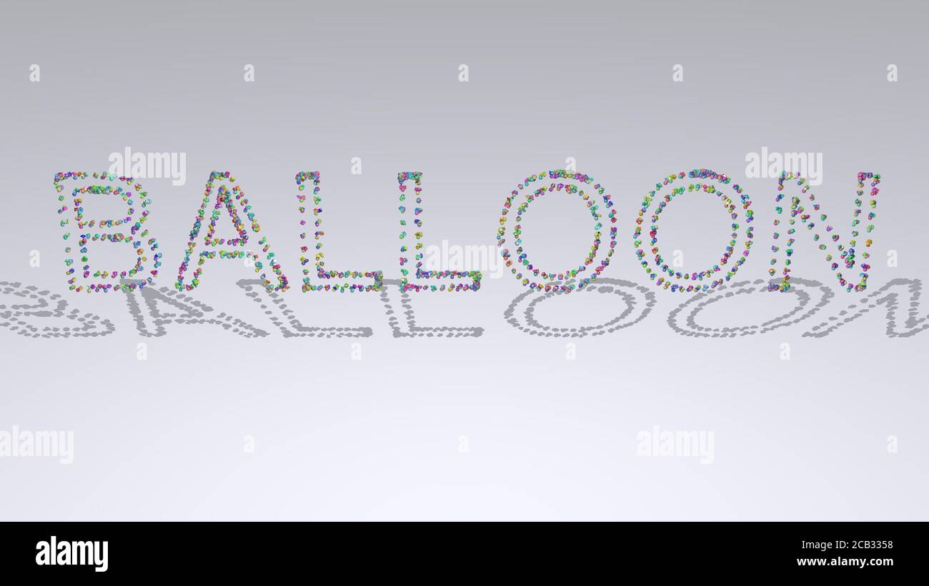 Colorful 3D writting of balloon text with small objects over a white ...