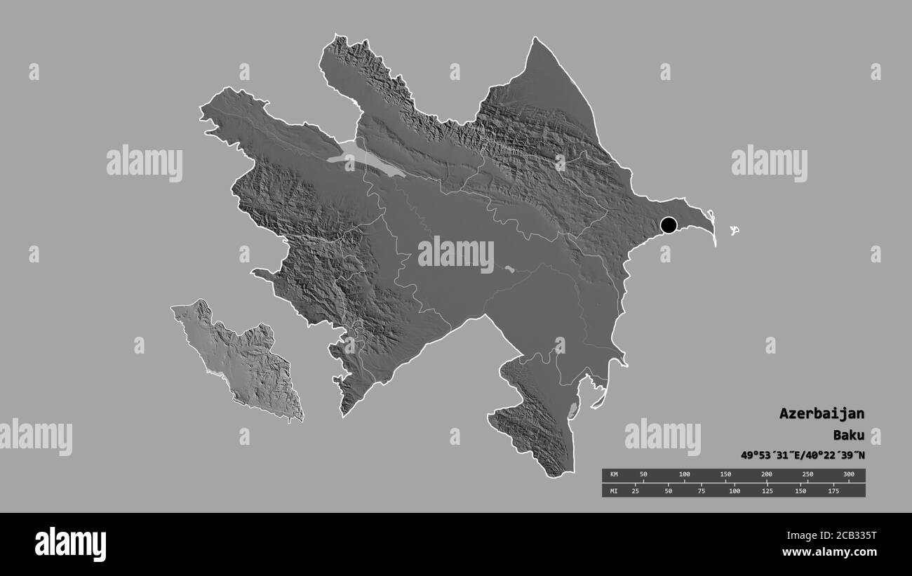 Desaturated shape of Azerbaijan with its capital, main regional ...