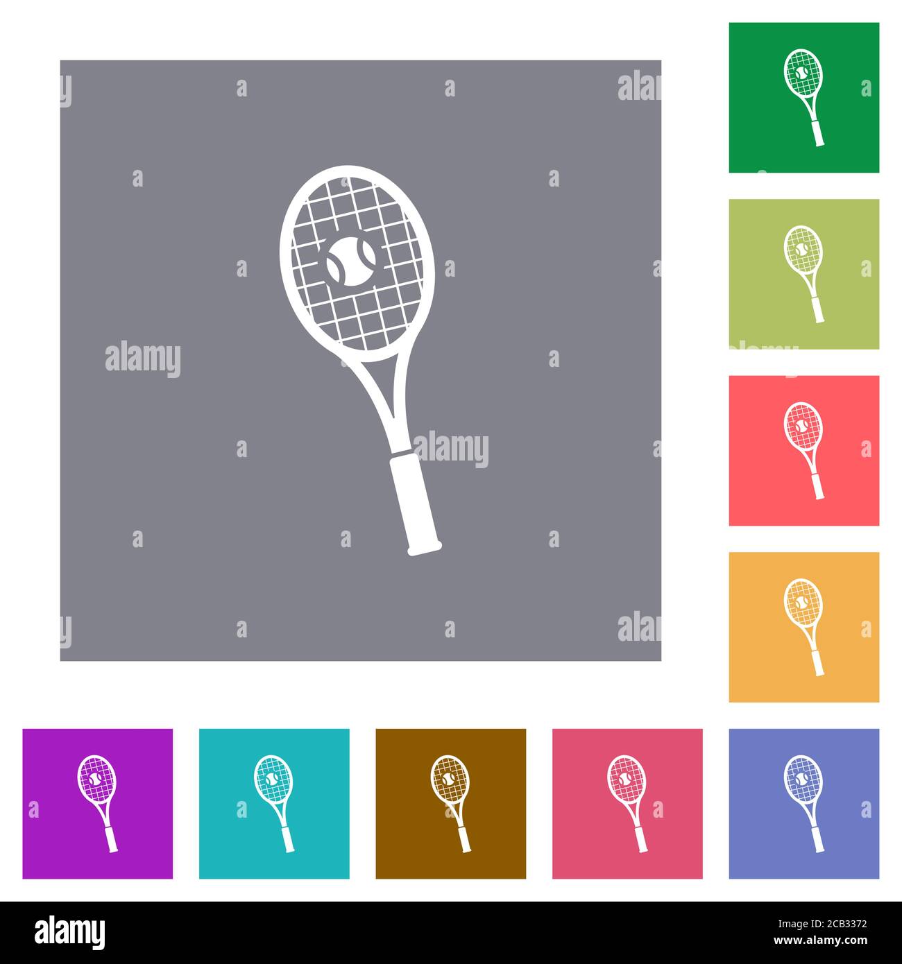 Tennis racket with ball flat icons on simple color square backgrounds ...