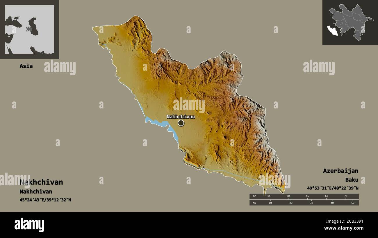 Shape of Nakhchivan, region of Azerbaijan, and its capital. Distance ...
