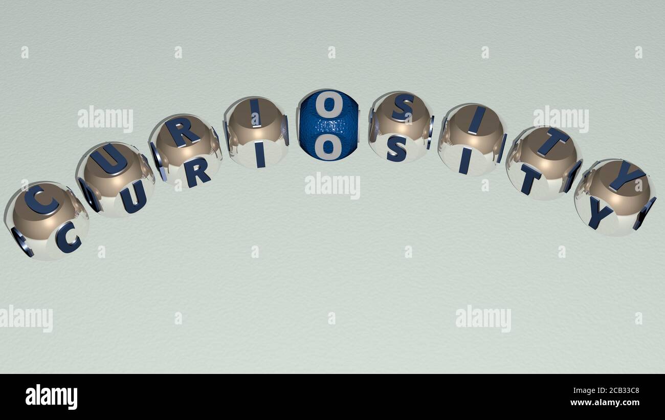 Curiosity curved text of cubic dice letters. 3D illustration ...