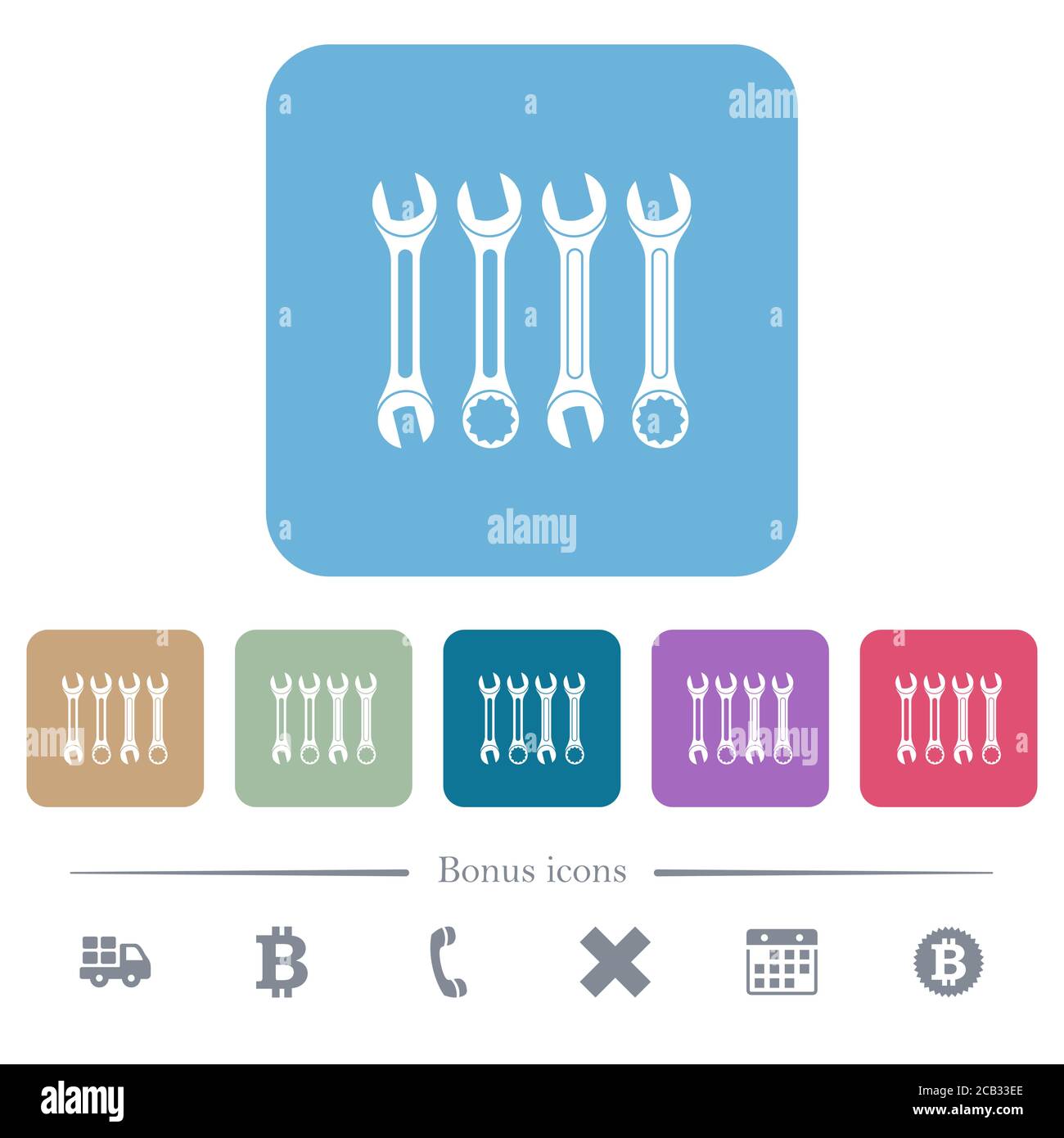 Set of wrenches white flat icons on color rounded square backgrounds. 6 ...