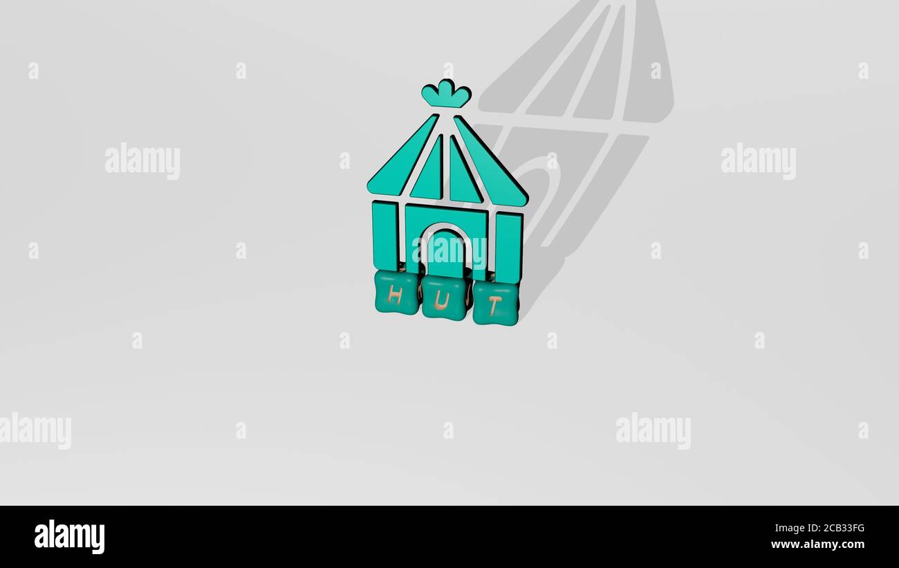 hut 3D icon object on text of cubic letters. 3D illustration. house and ...