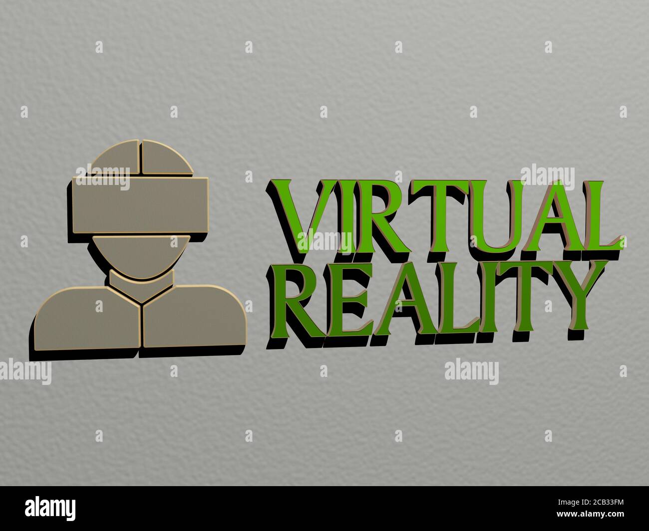 virtual reality icon and text on the wall. 3D illustration. concept and ...